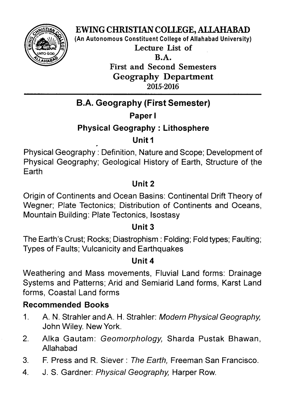 Geography Ecc Syllabus - Bachelor of science - Studocu