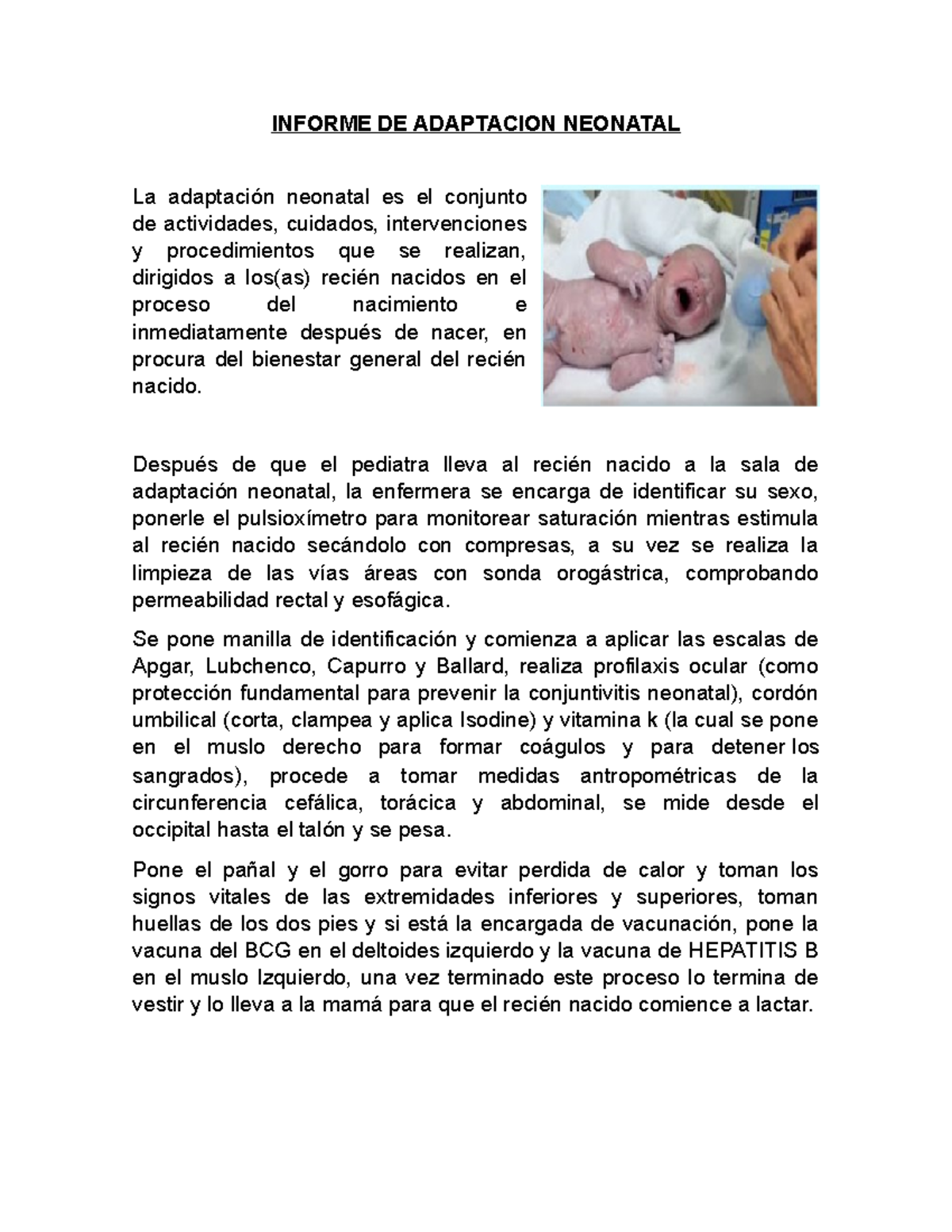 Adaptacion Neonatal - INFORME DE ADAPTACION NEONATAL La adaptación ...