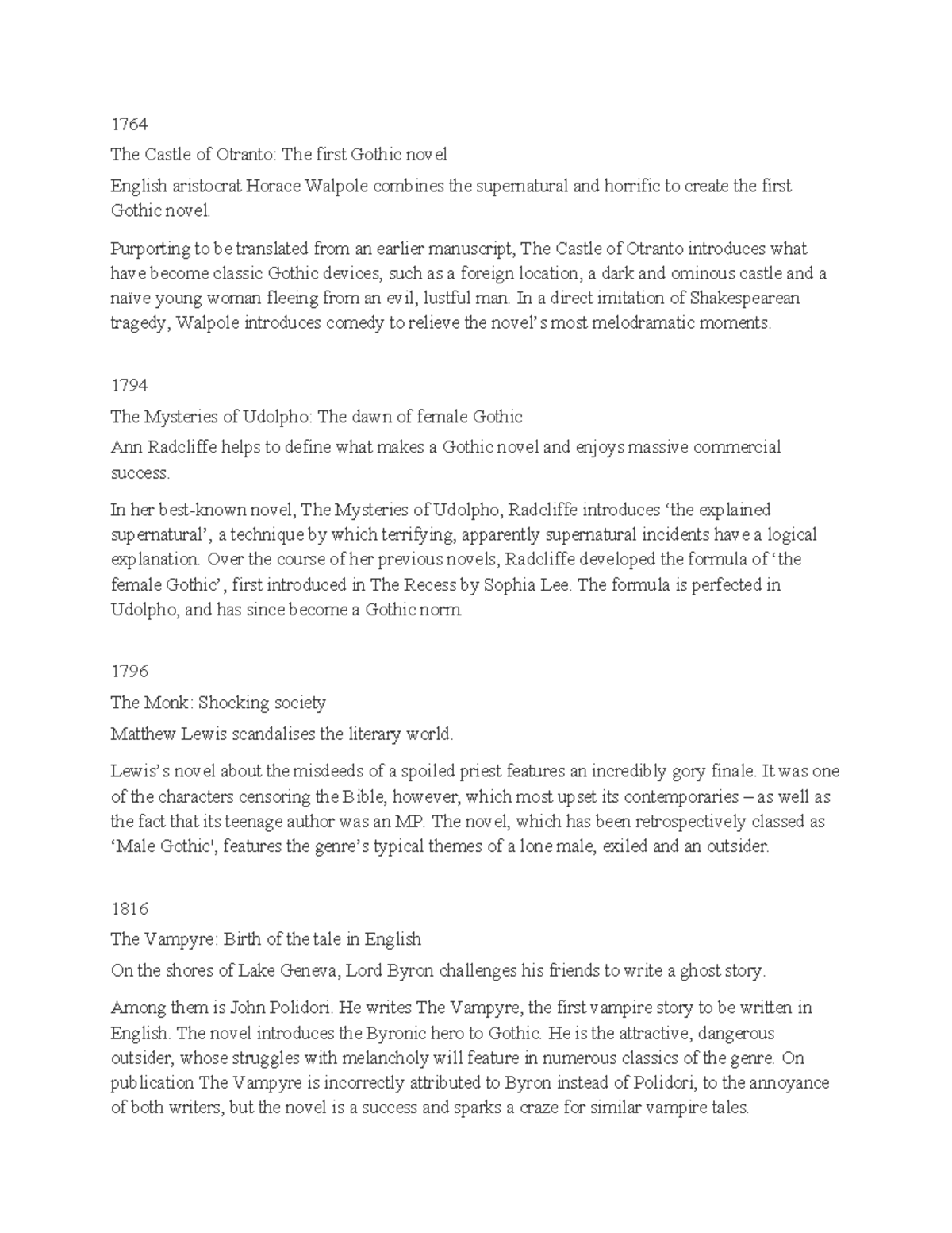 Gothic timeline - The Castle of Otranto: The first Gothic novel English ...