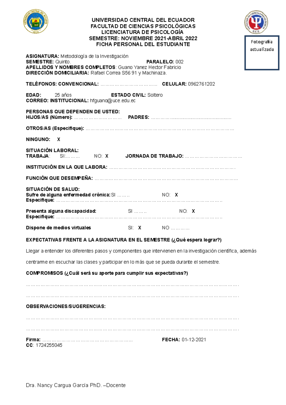 Ficha de datos estudiantes - UNIVERSIDAD CENTRAL DEL ECUADOR FACULTAD ...
