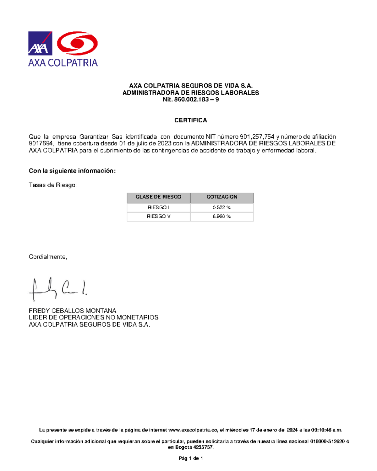 Certificado ARL - bueno - AXA COLPATRIA SEGUROS DE VIDA S ...
