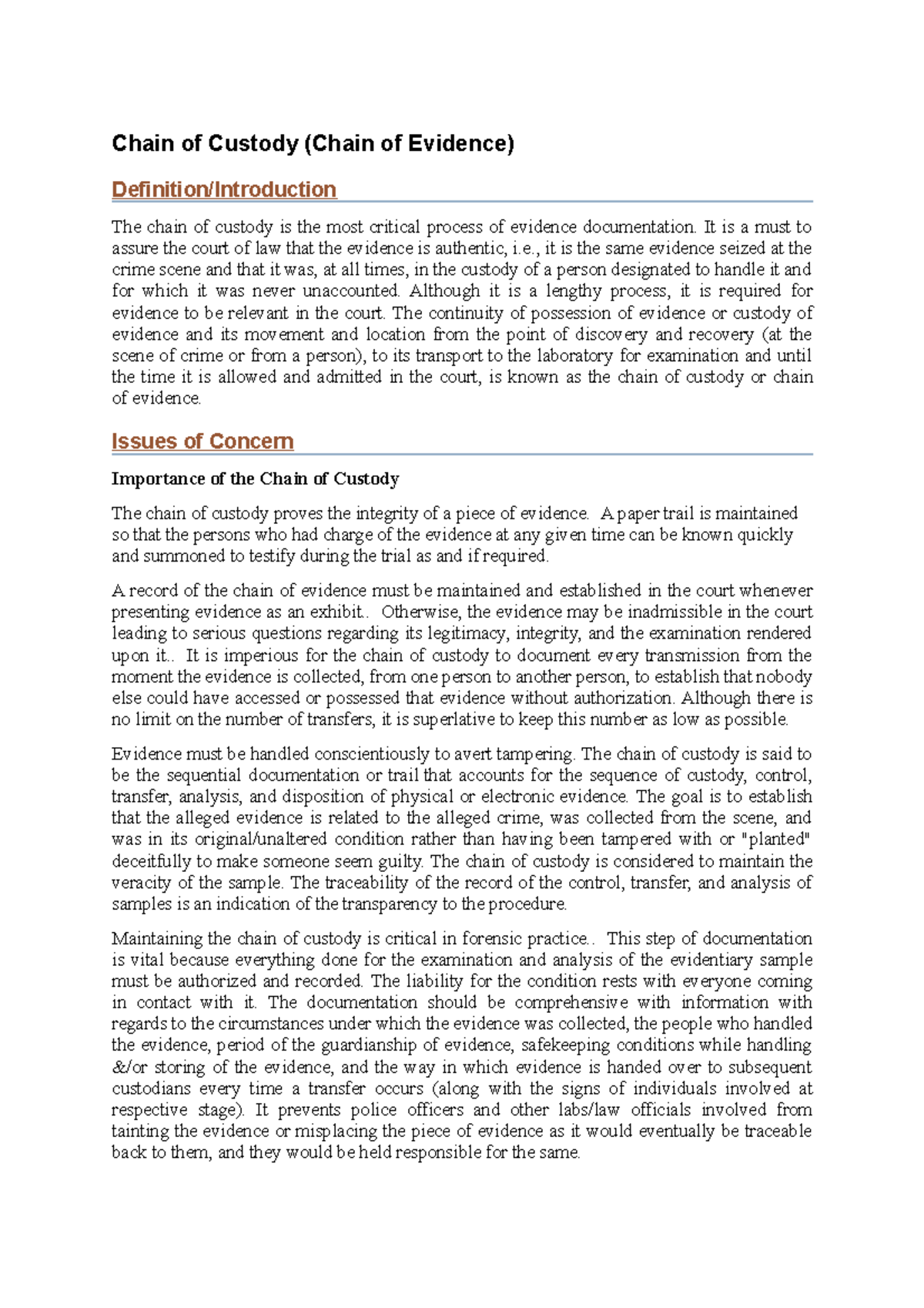 Chain of costudy- collection and preservation - Chain of Custody (Chain ...