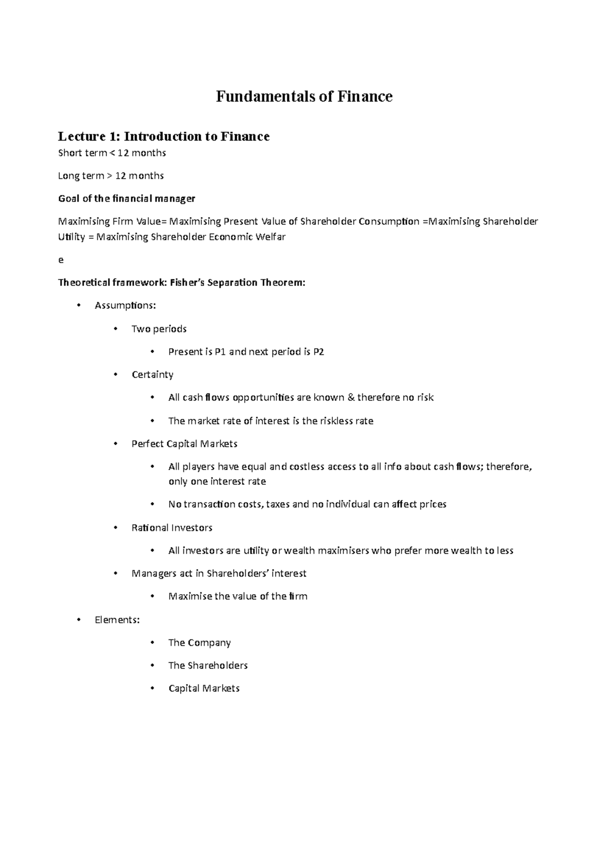 Fundamentals of Finance - Fundamentals of Finance Lecture 1 ...