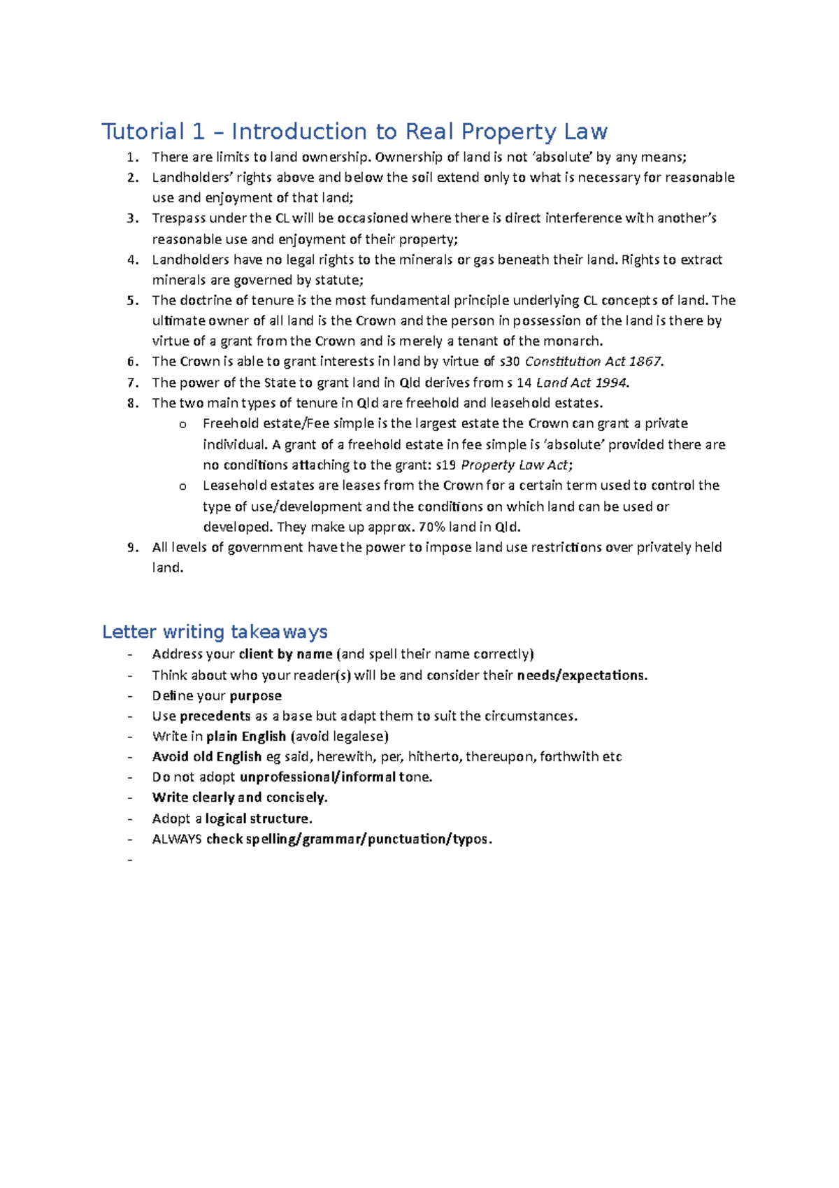 LLB301 Real property tutorial notes - Tutorial 1 – Introduction to Real ...