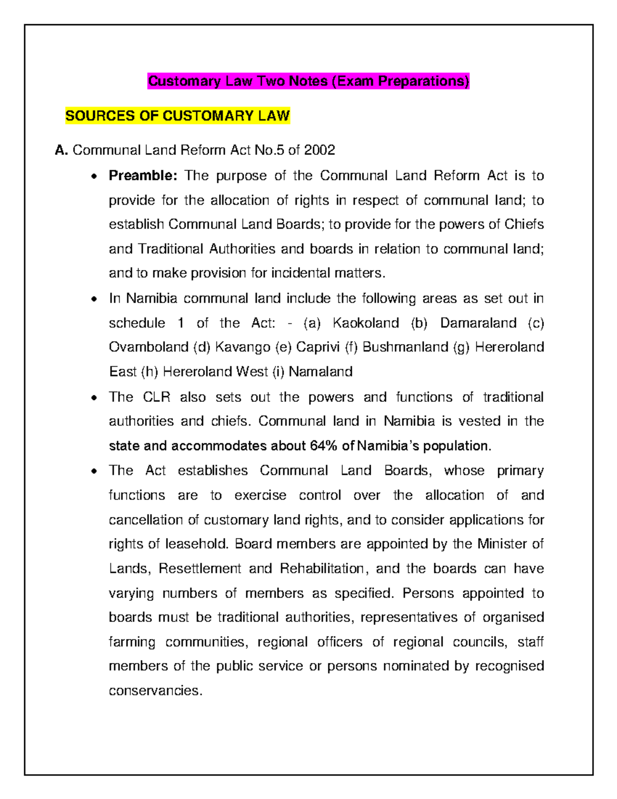 Customary Law Two Notes (Exam Preparations) - Communal Land Reform Act ...
