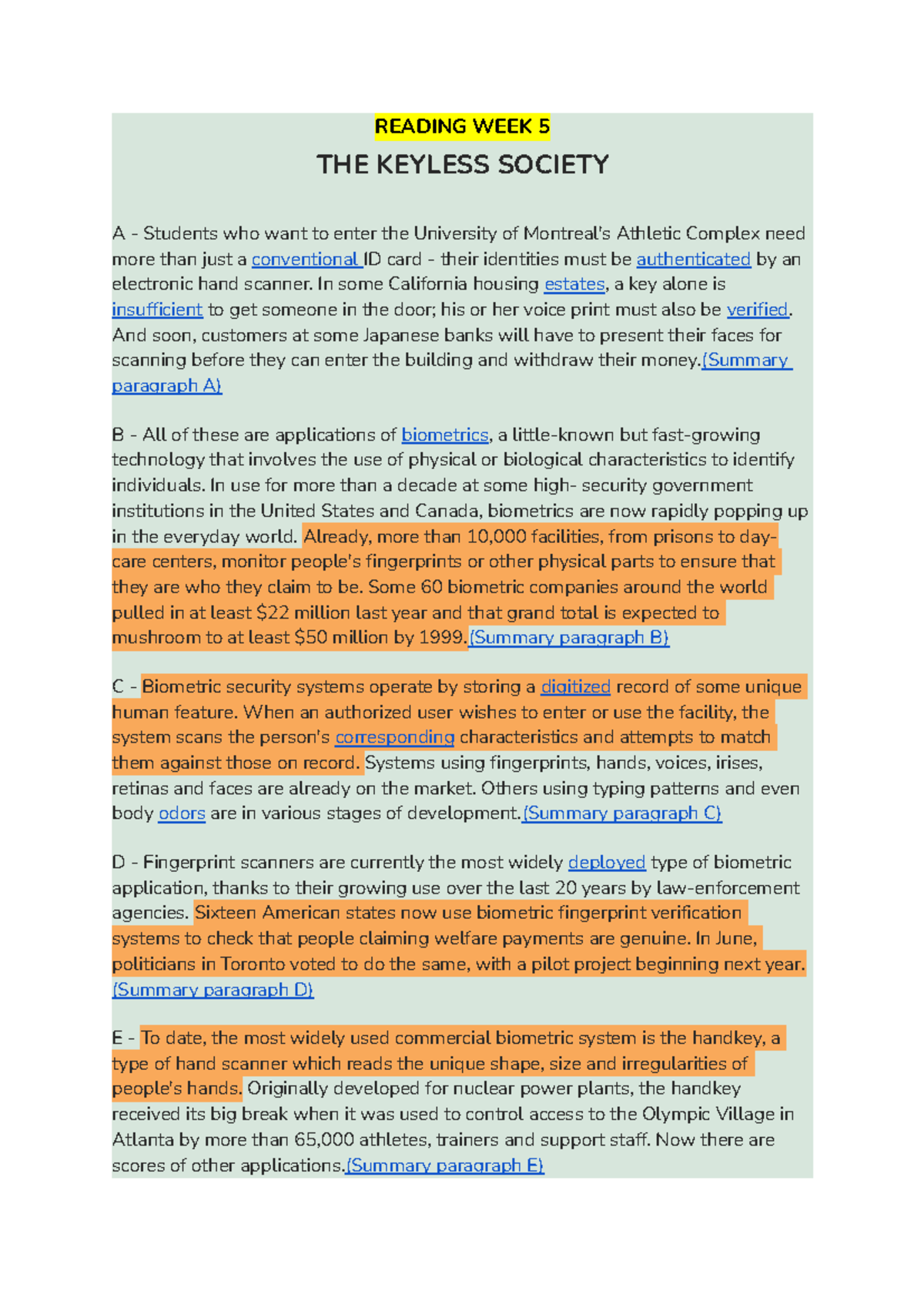 Reading & Listening WEEK 5 - READING WEEK 5 THE KEYLESS SOCIETY A - Students who want to enter ...