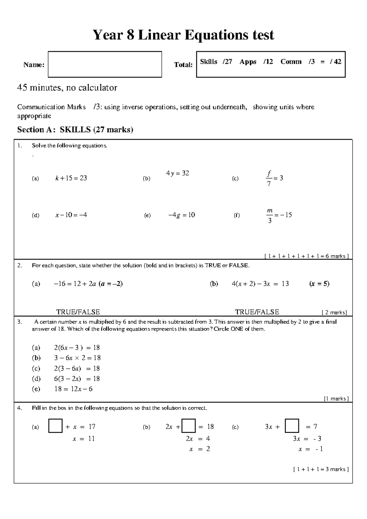 Linear Equations Test 2014 - Year 8 Linear Equations test Name: Total ...