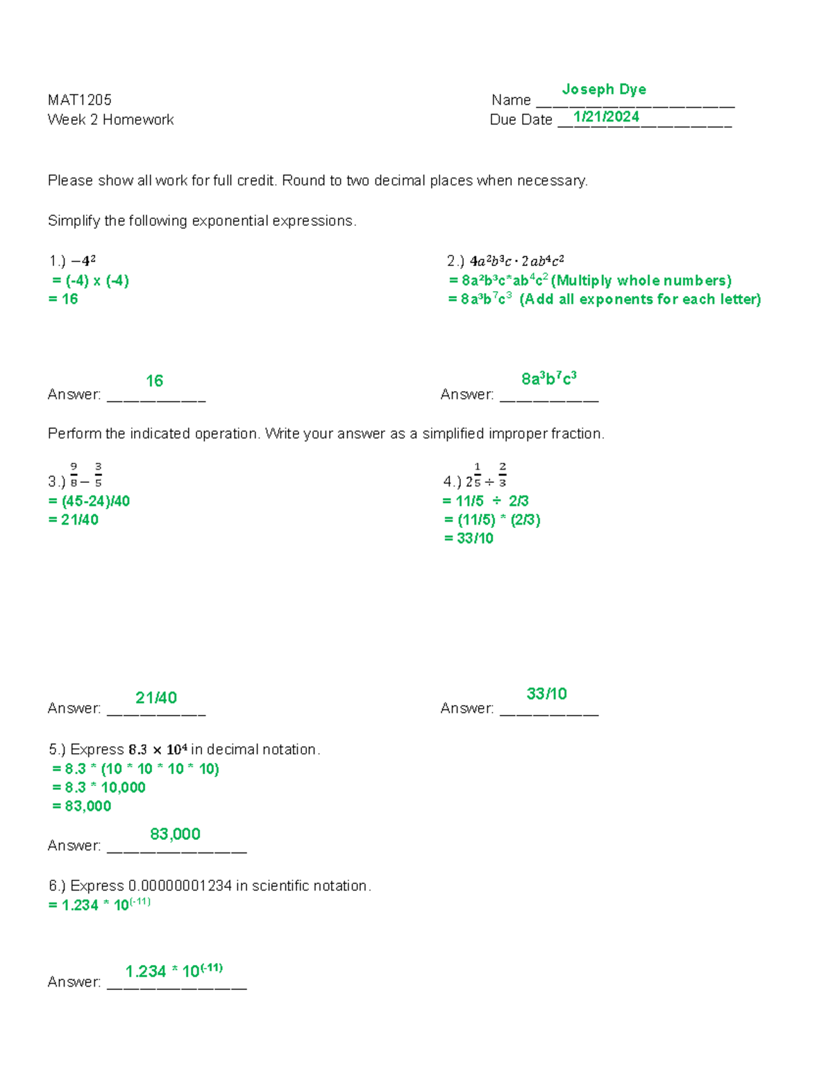 Mat1205 Week 2 Homework Joseph Dye Mat1205 Name