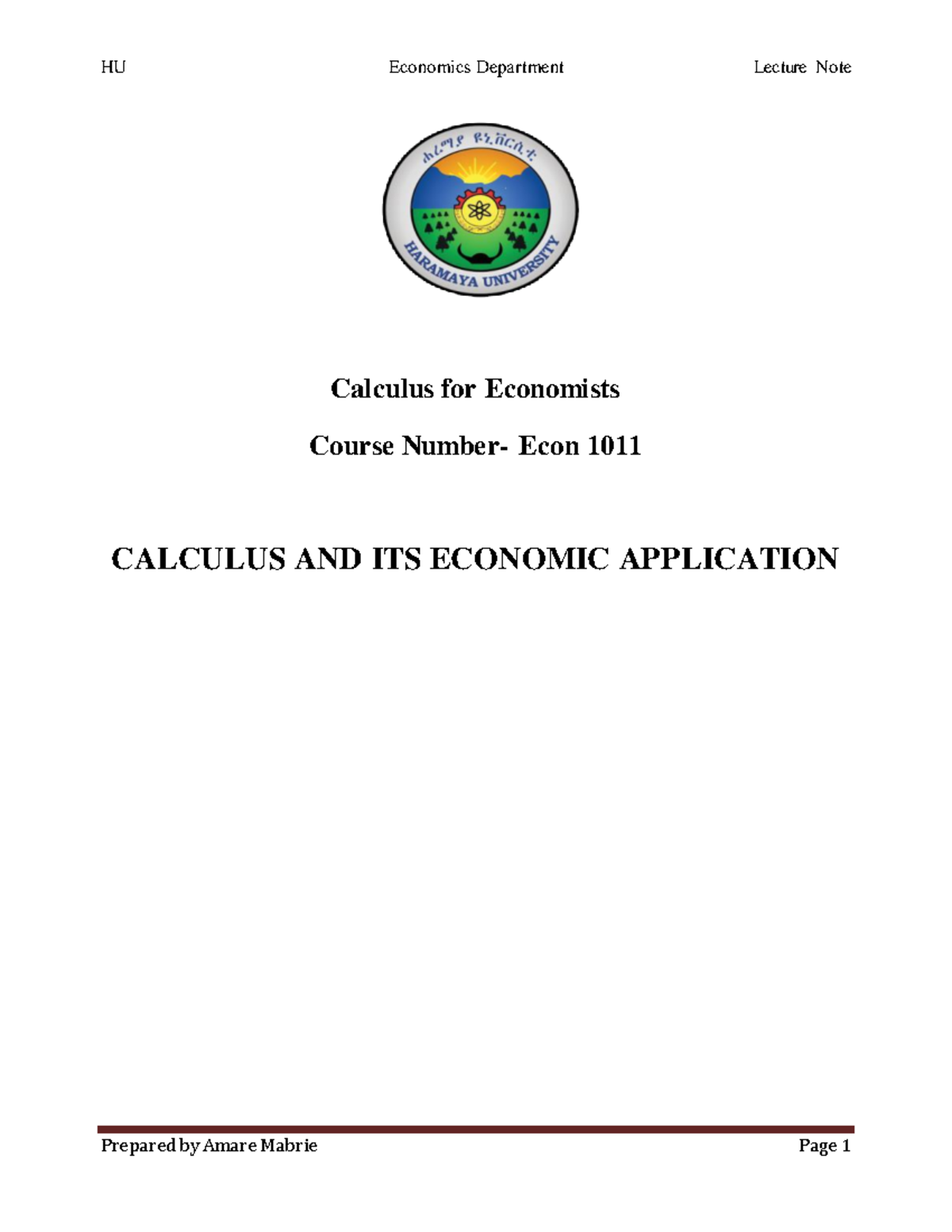 Calculus for Economists Hu - Calculus for Economists Course Number ...