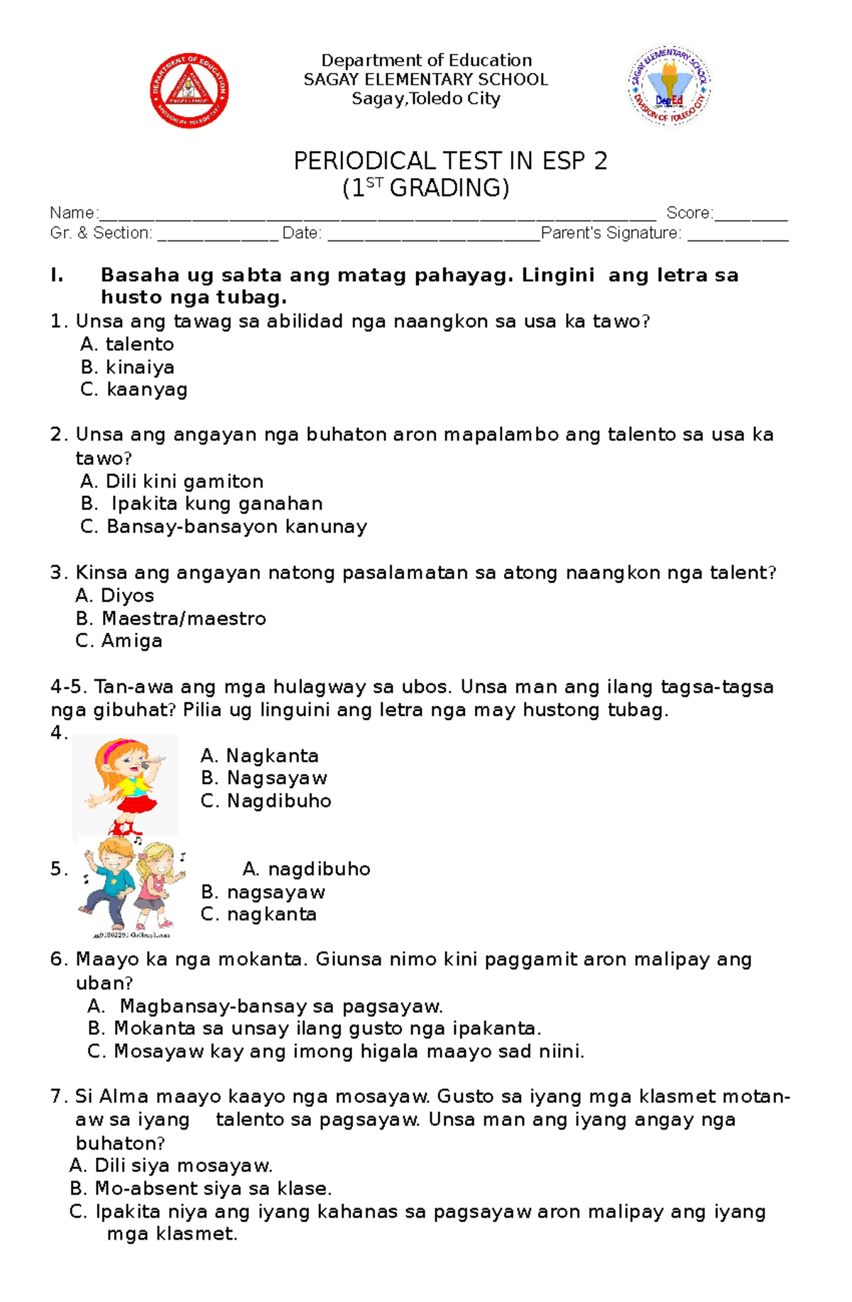 First Periodical Test in Grade 2 - Department of Education SAGAY ...
