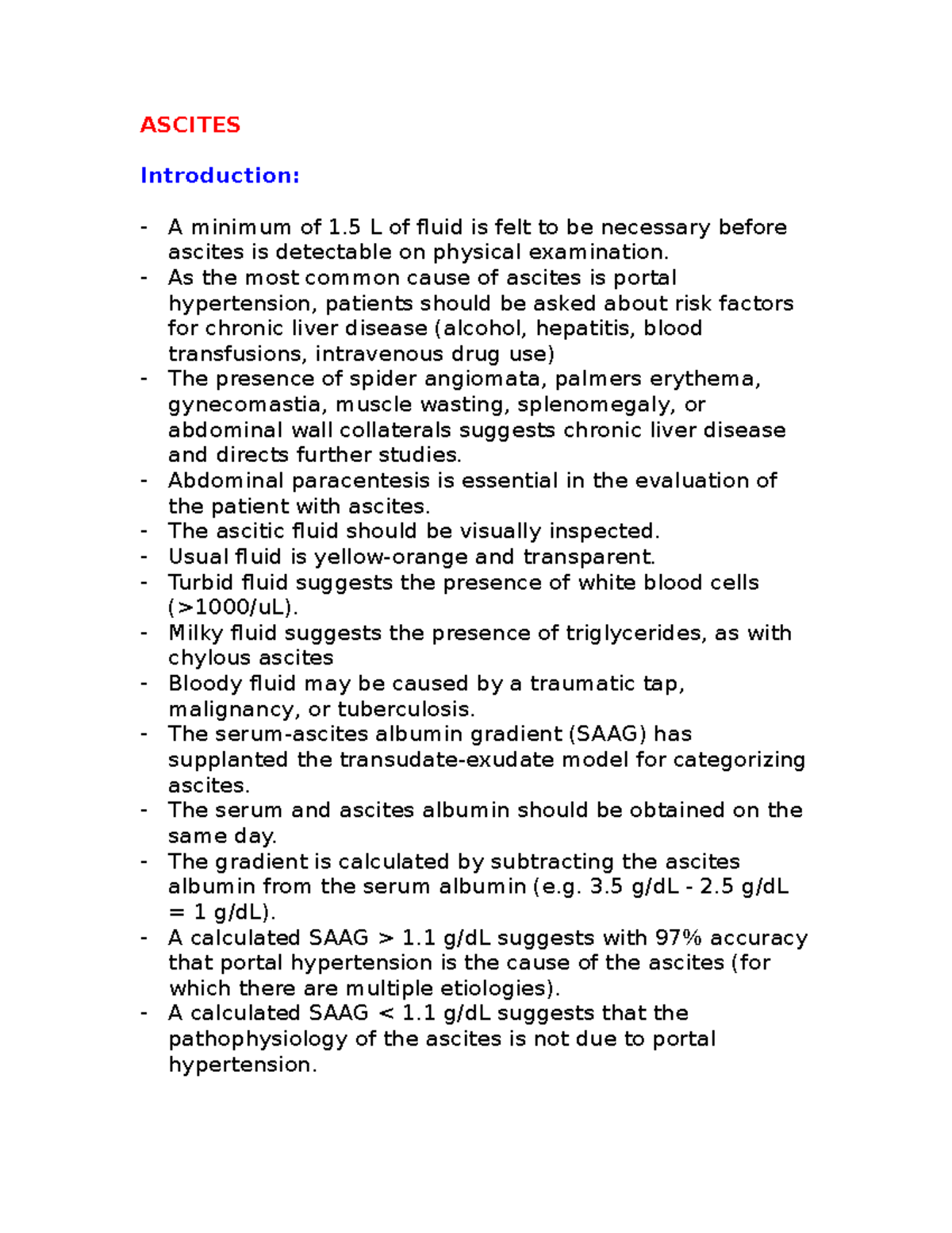 Ascites - Lecture notes 13 - ASCITES Introduction: A minimum of 1 L of ...