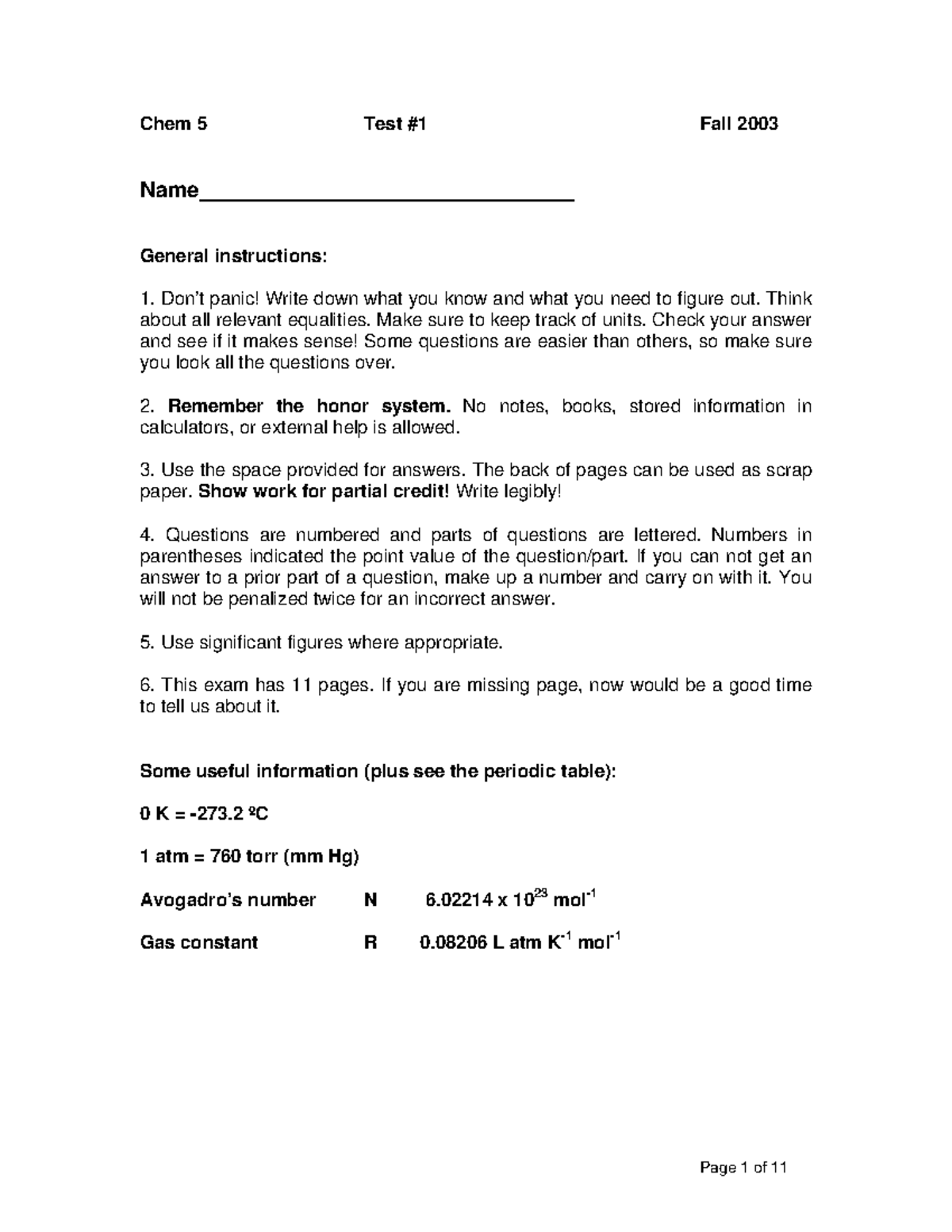 Chem 5 Test 1 Fall 03 - General Chemistry (CHEM 005) 2003 - Chem 5 Test ...
