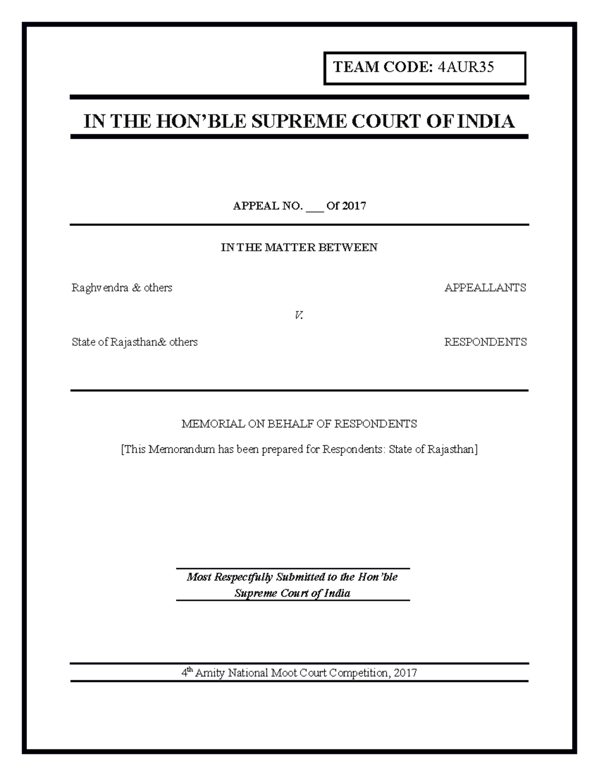 Respondent Amity MOOT - IN THE HON’BLE SUPREME COURT OF INDIA APPEAL NO ...