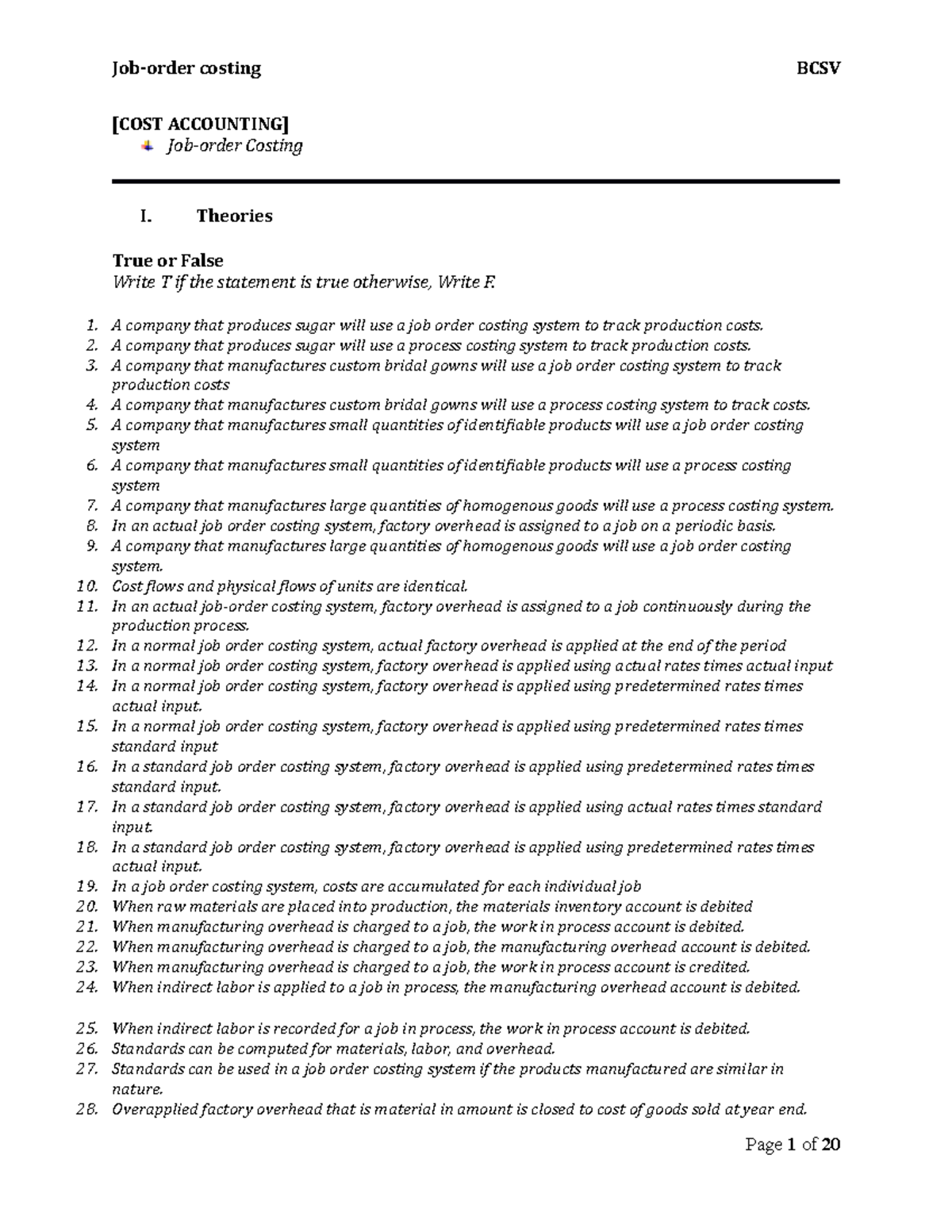 Bcsv Job Order Costing [cost Accounting] Job Order Costing I Theories True Or False Write T