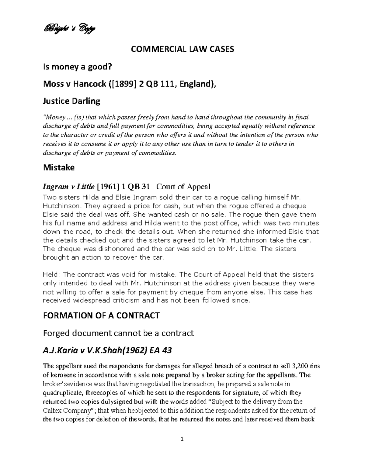 Commercial LAW Cases - Document gives an outline of what you are ...