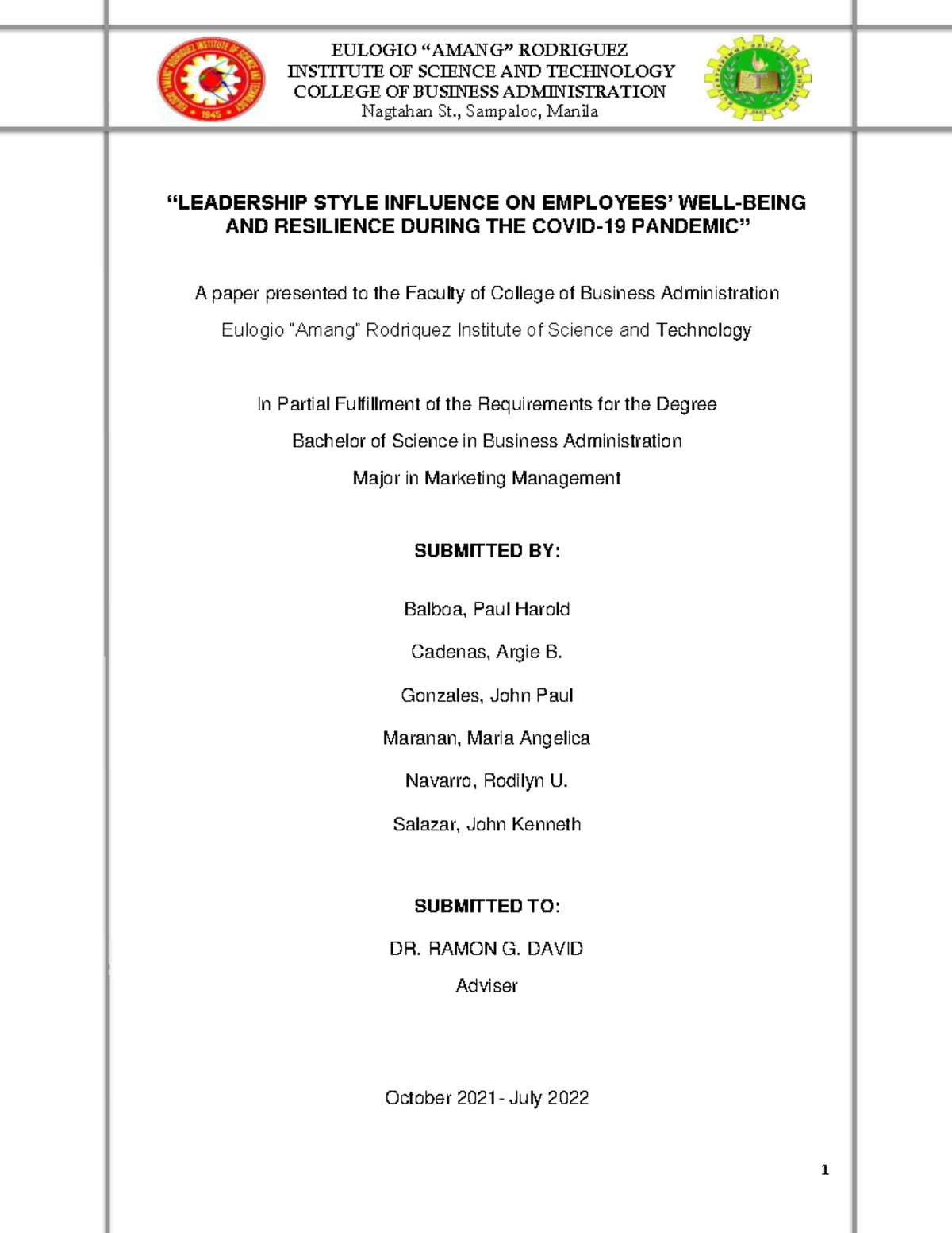 G1- Finalpaper - Business Plan - 1 COLLEGE OF BUSINESS ADMINISTRATION ...