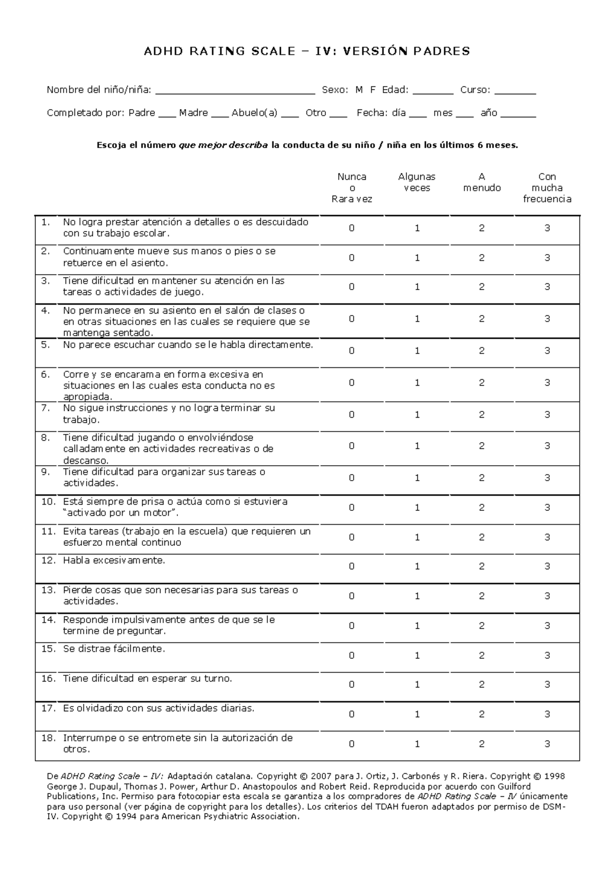 Adhd rs padres mar2019 - Psicologia General - ADHD RATING SCALE – IV ...