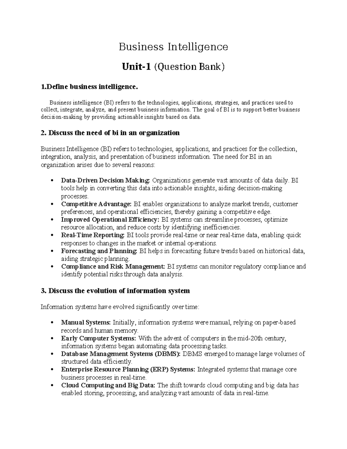 Business Intelligence question bank - Business Intelligence Unit-1 ...