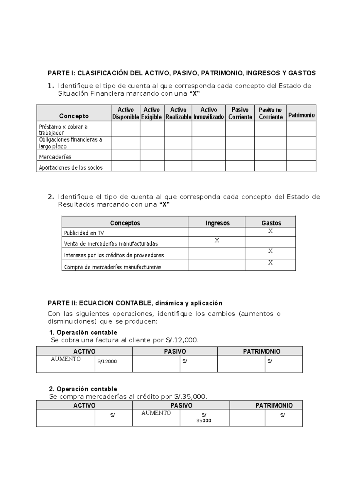 Práctica Ecuacion Contable - PARTE I: CLASIFICACIÓN DEL ACTIVO, PASIVO, PATRIMONIO, INGRESOS Y ...