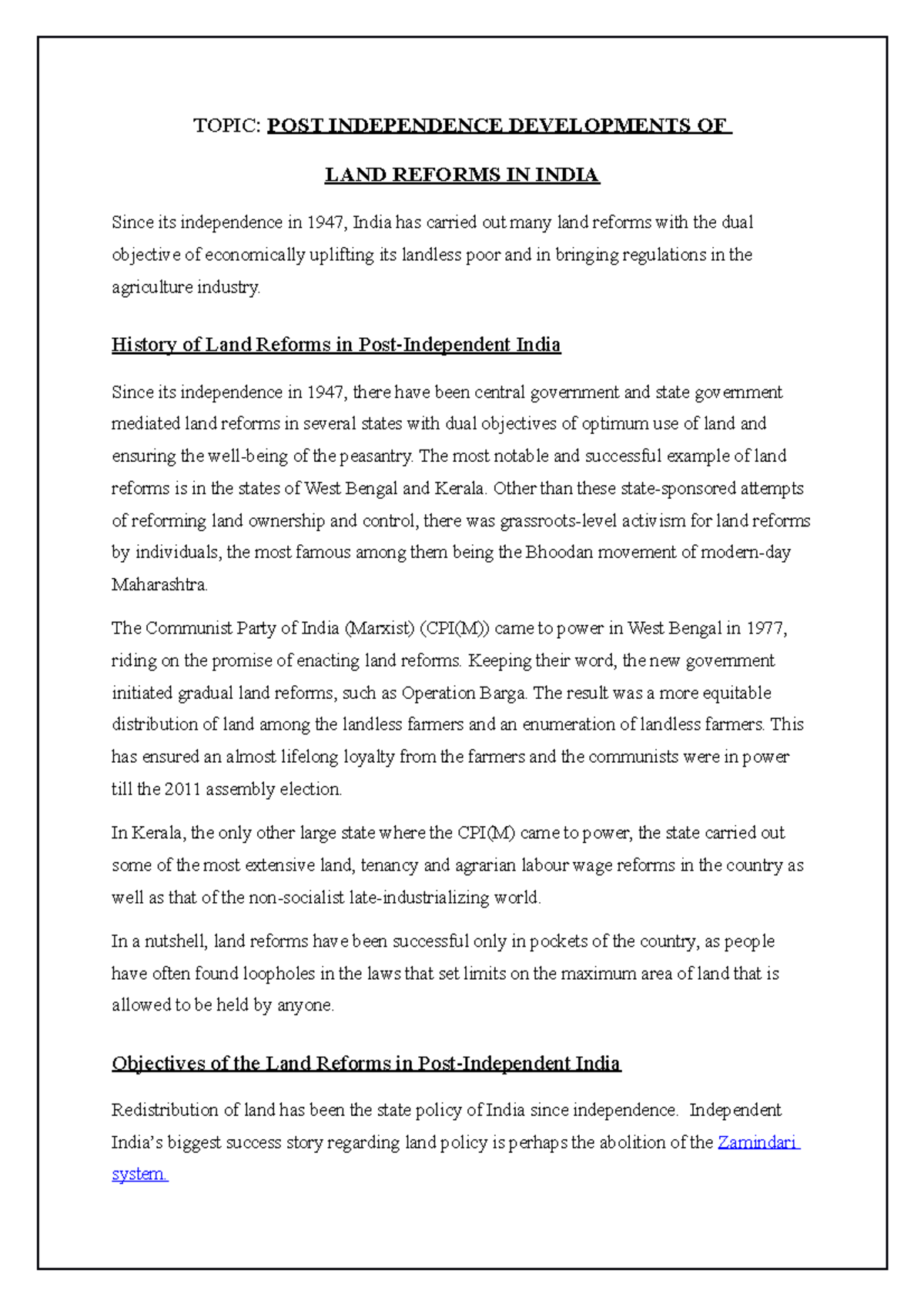 Post Independence Development of Land Reforms - TOPIC: POST ...