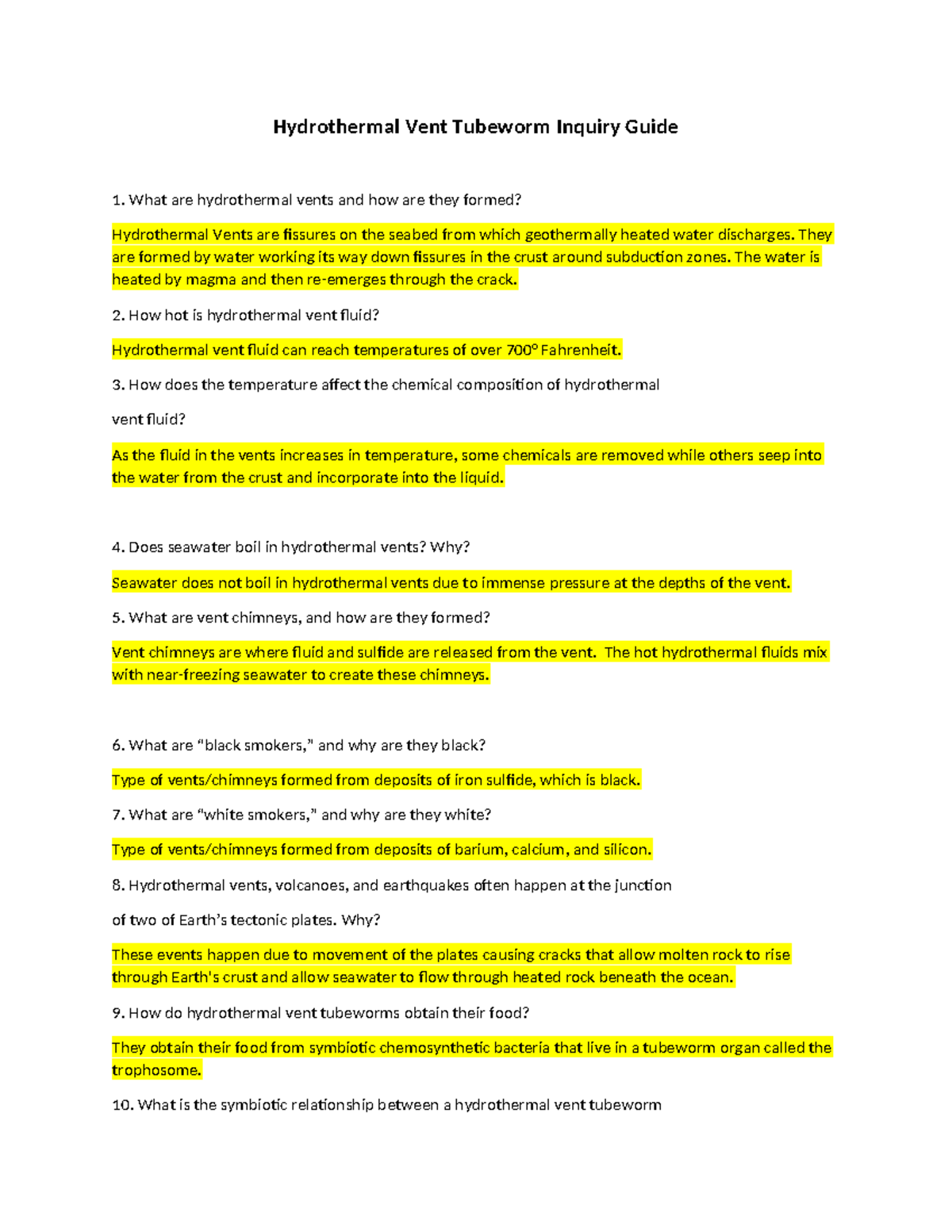 Hydrothermal Vent Tubeworm Inquiry Guide Moncato - Copy - Hydrothermal ...