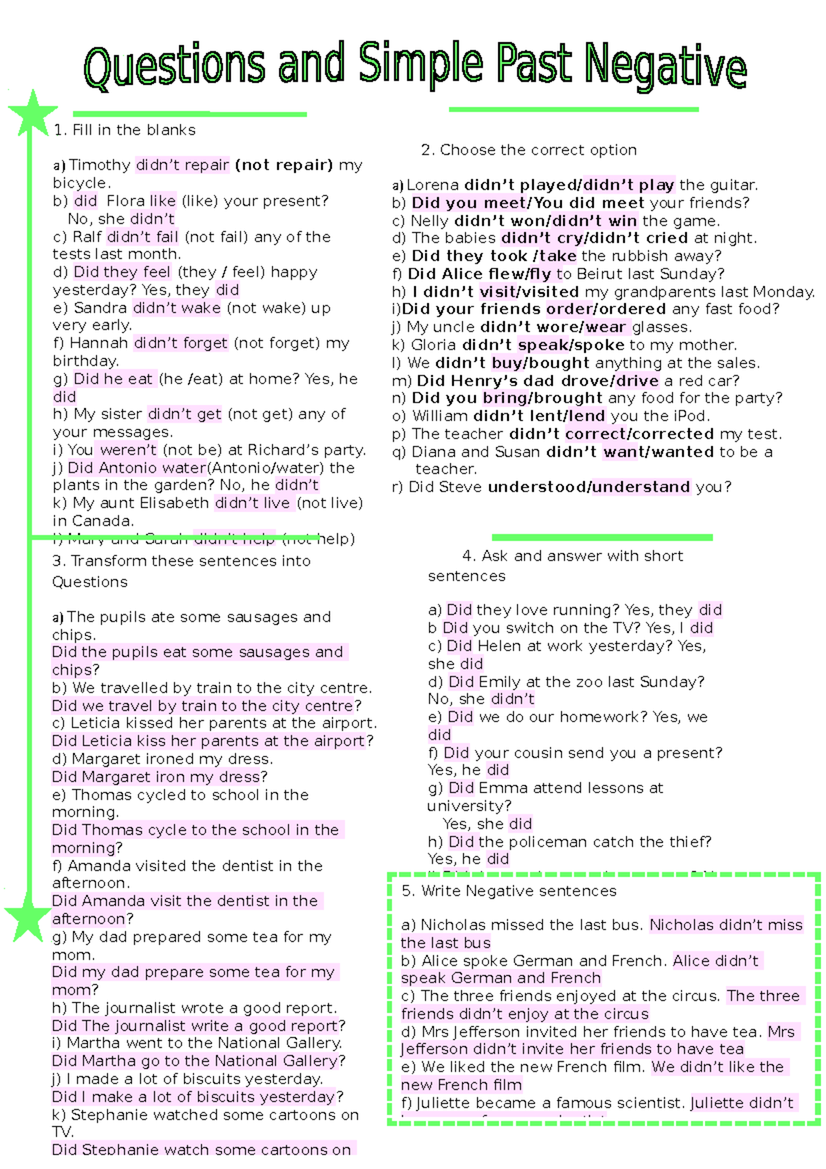 E2-PAST- Negative- Questions ( Worksheet) - Fill in the blanks a ...