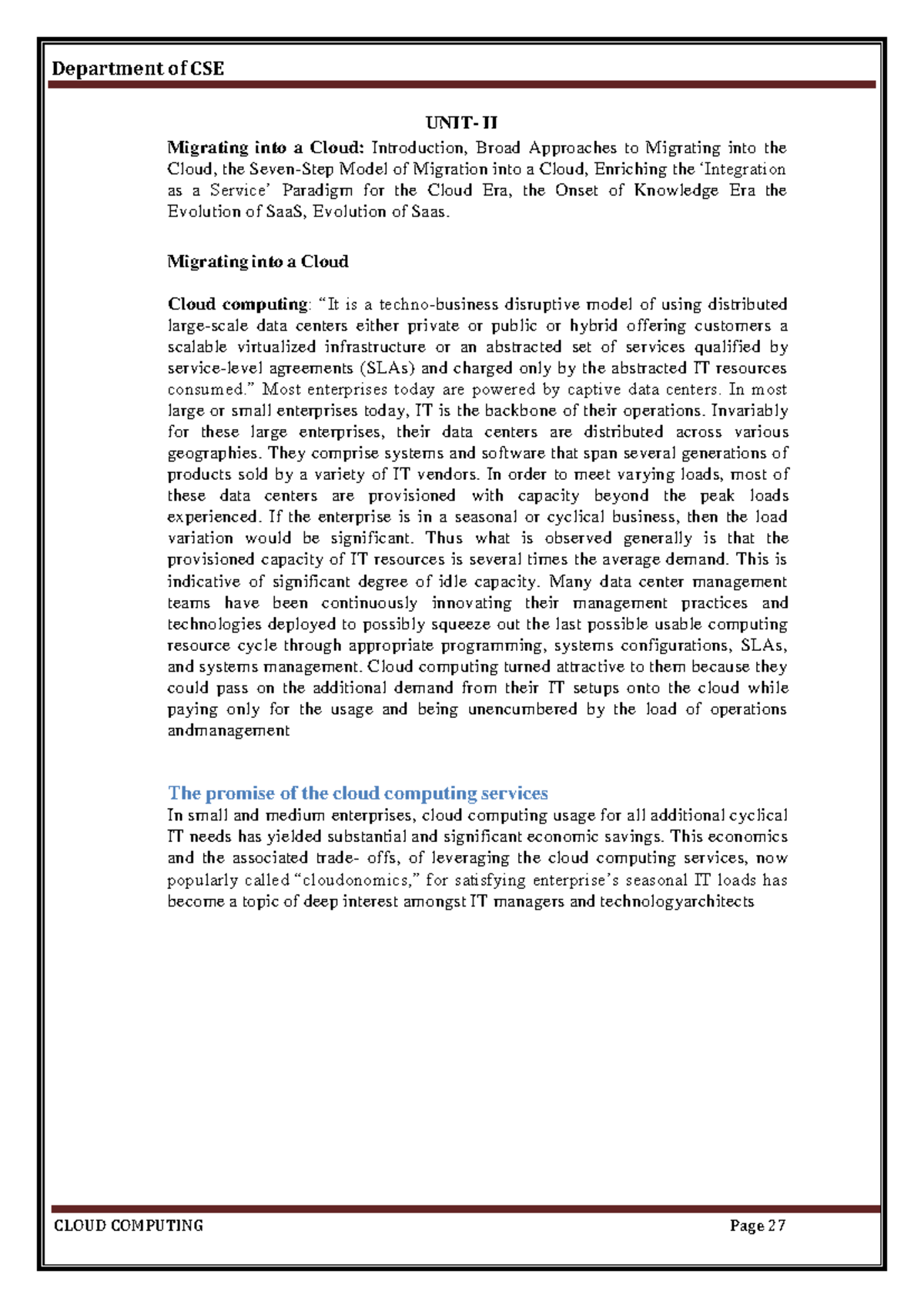 UNIT-2 OF Cloud Computing - UNIT- II Migrating into a Cloud: Introduction, Broad Approaches to ...
