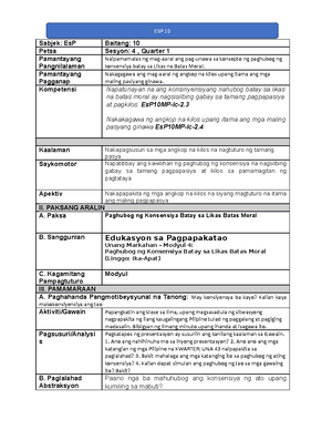 1. Unang Markahan - ESP 7 Quarter 1 - Handout for ESP 7 Q1 exam with ...
