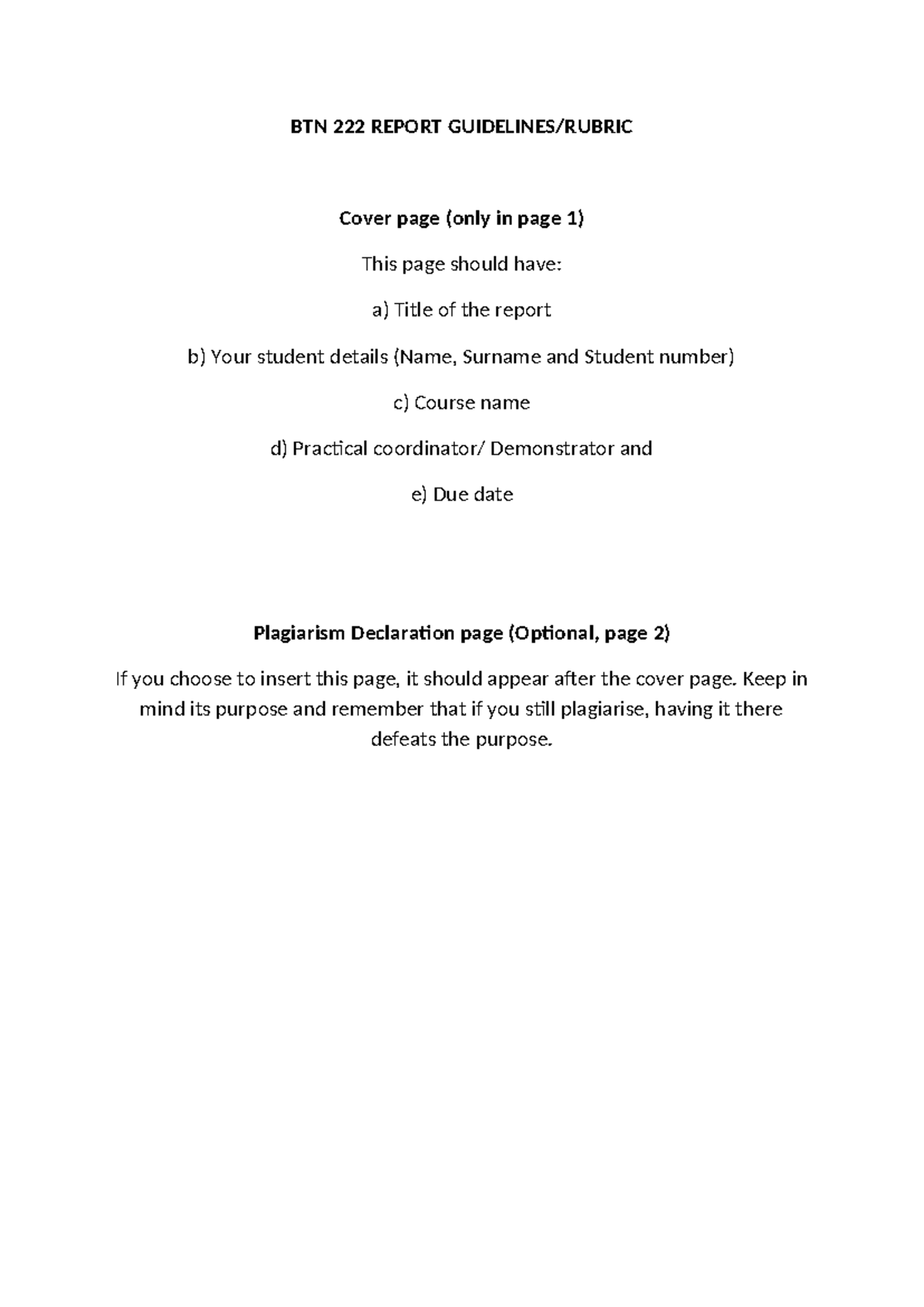 BTN 222 Report Guidelines - BTN 222 REPORT GUIDELINES/RUBRIC Cover page ...