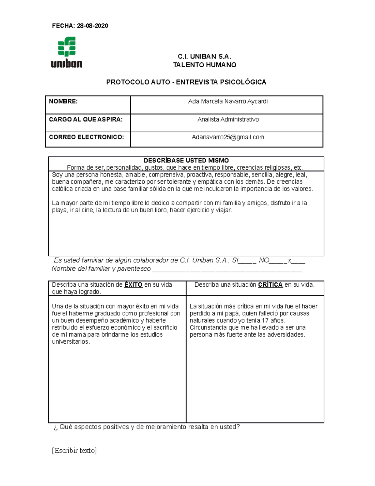 Autoentrevista Psicologica individual - FECHA: 28-08- C. UNIBAN S ...