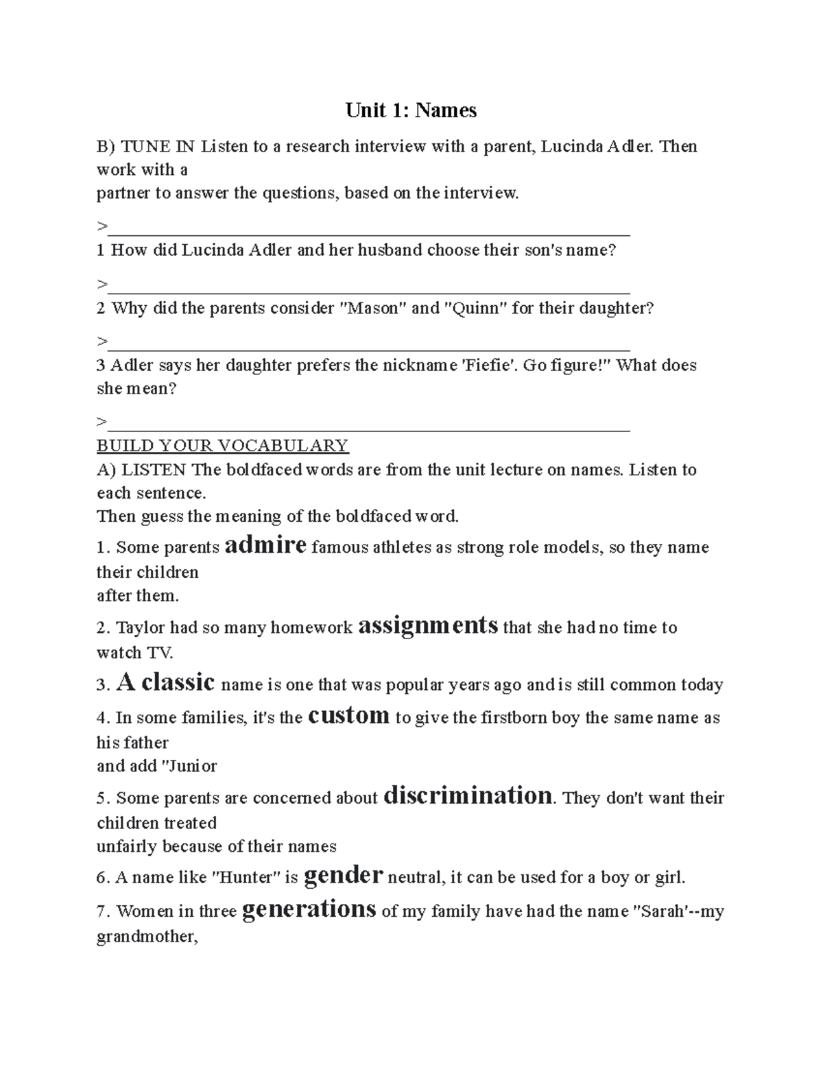 Unit 1 Names - dâddad - Unit 1: Names B) TUNE IN Listen to a research ...