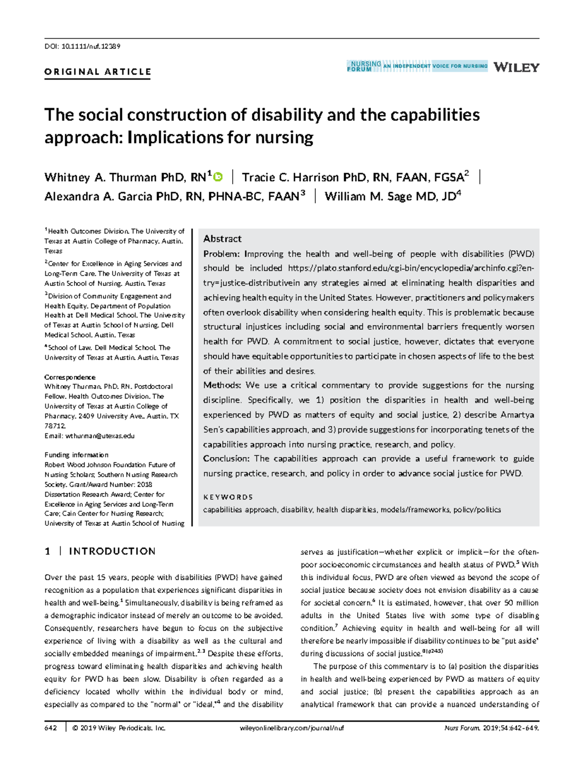 Thurman et al (2019 ) - Social Construction of Disability - 642 ...