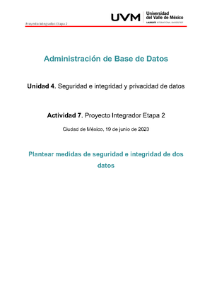 Actividad 2. Diagrama - Universidad del Valle de México Administración de Bases de Datos Unidad ...
