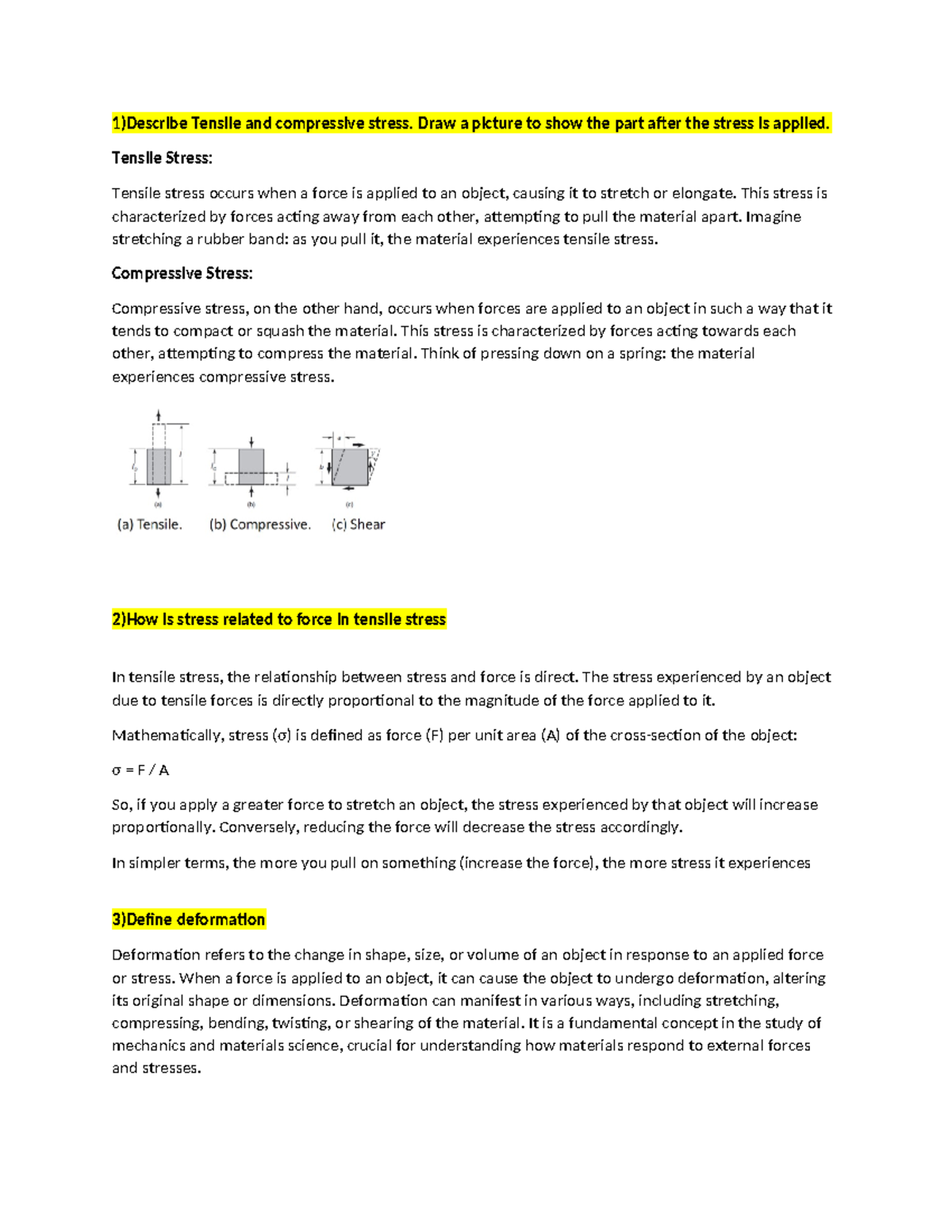 MSE 412 IMP - practise - 1)Describe Tensile and compressive stress ...