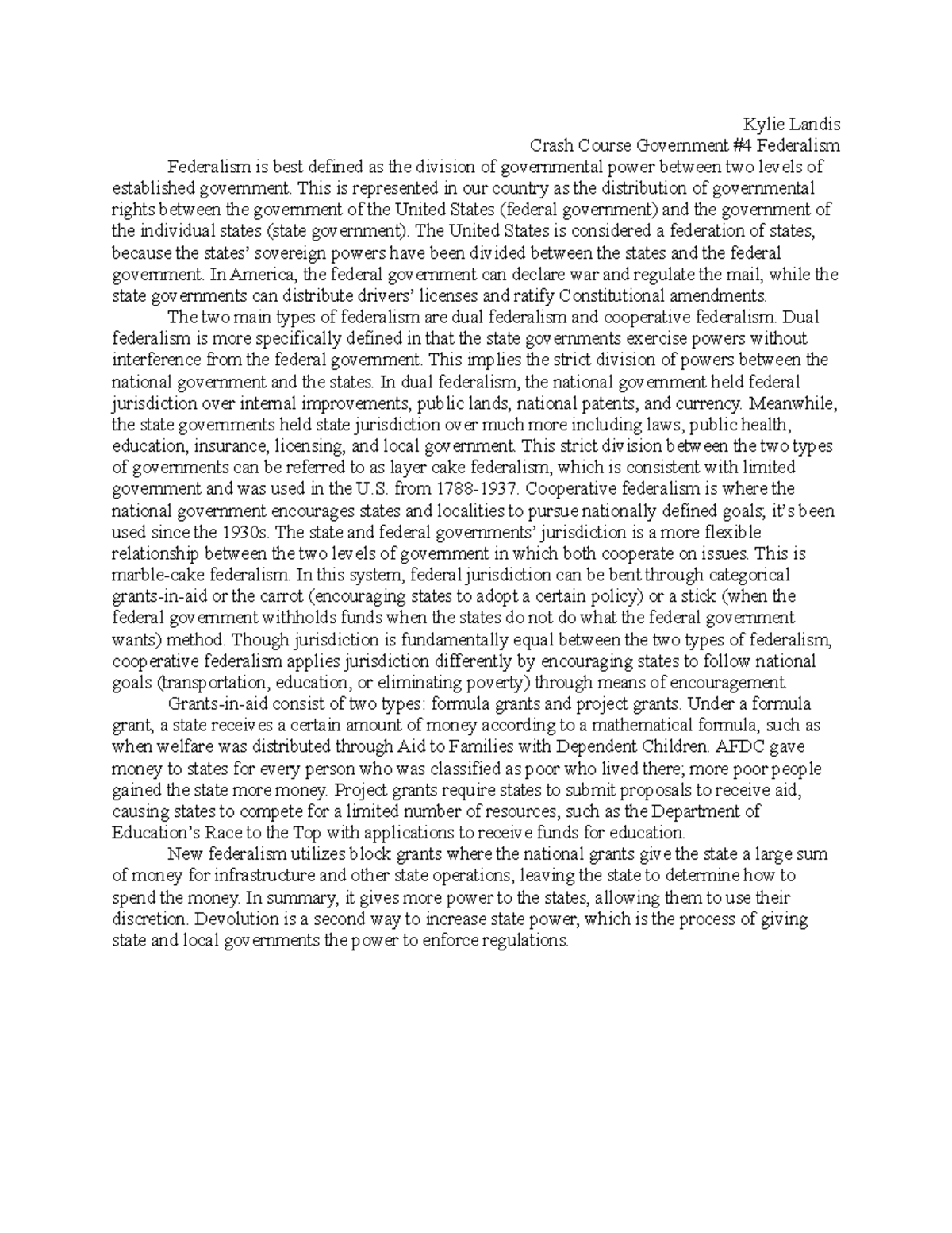 Crash Course Federalism - Kylie Landis Crash Course Government #4 ...