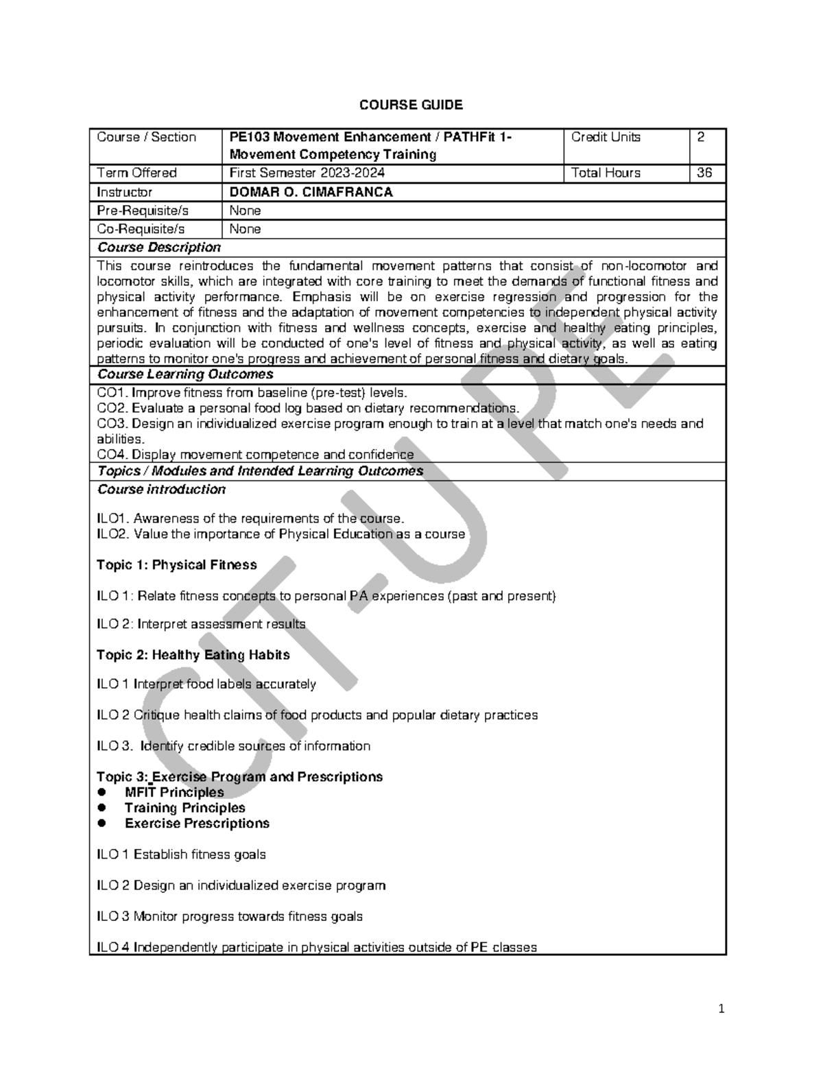 PE 103 Pathfit 1 Course Module Course Guide 1ST SEM 2023 2024 - COURSE ...