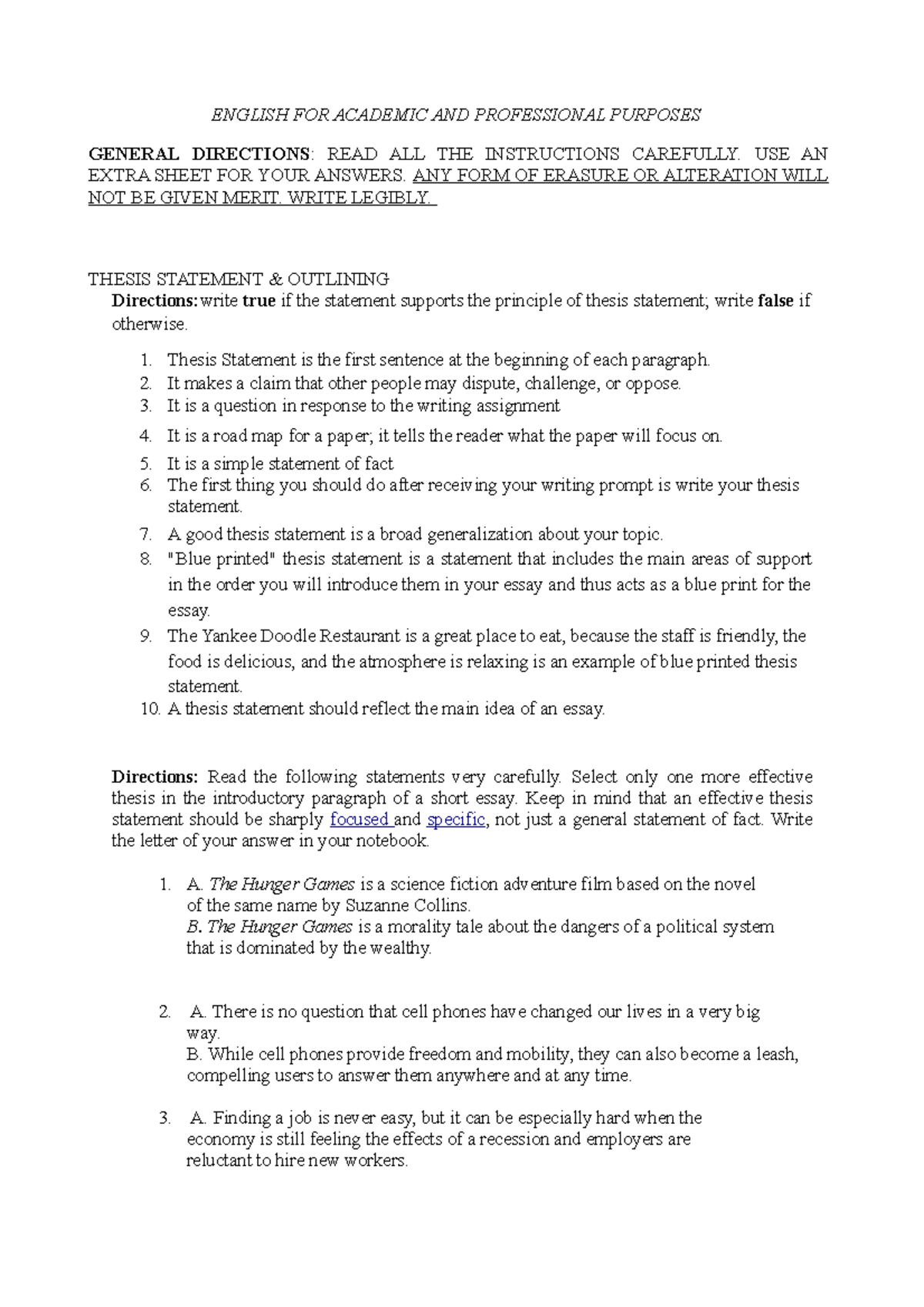 Long quiz (thesis statement-concept paper - ENGLISH FOR ACADEMIC AND ...