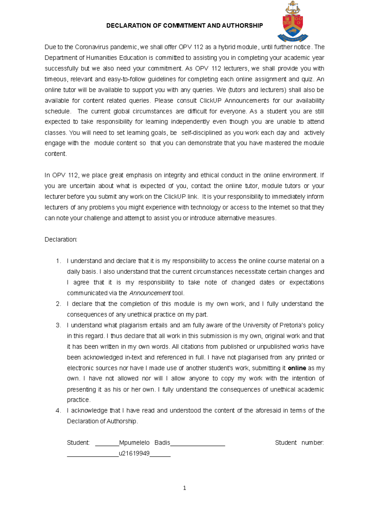 OPV 112 Assignment 1 - Online Assessment Theme 1 revised - DECLARATION ...