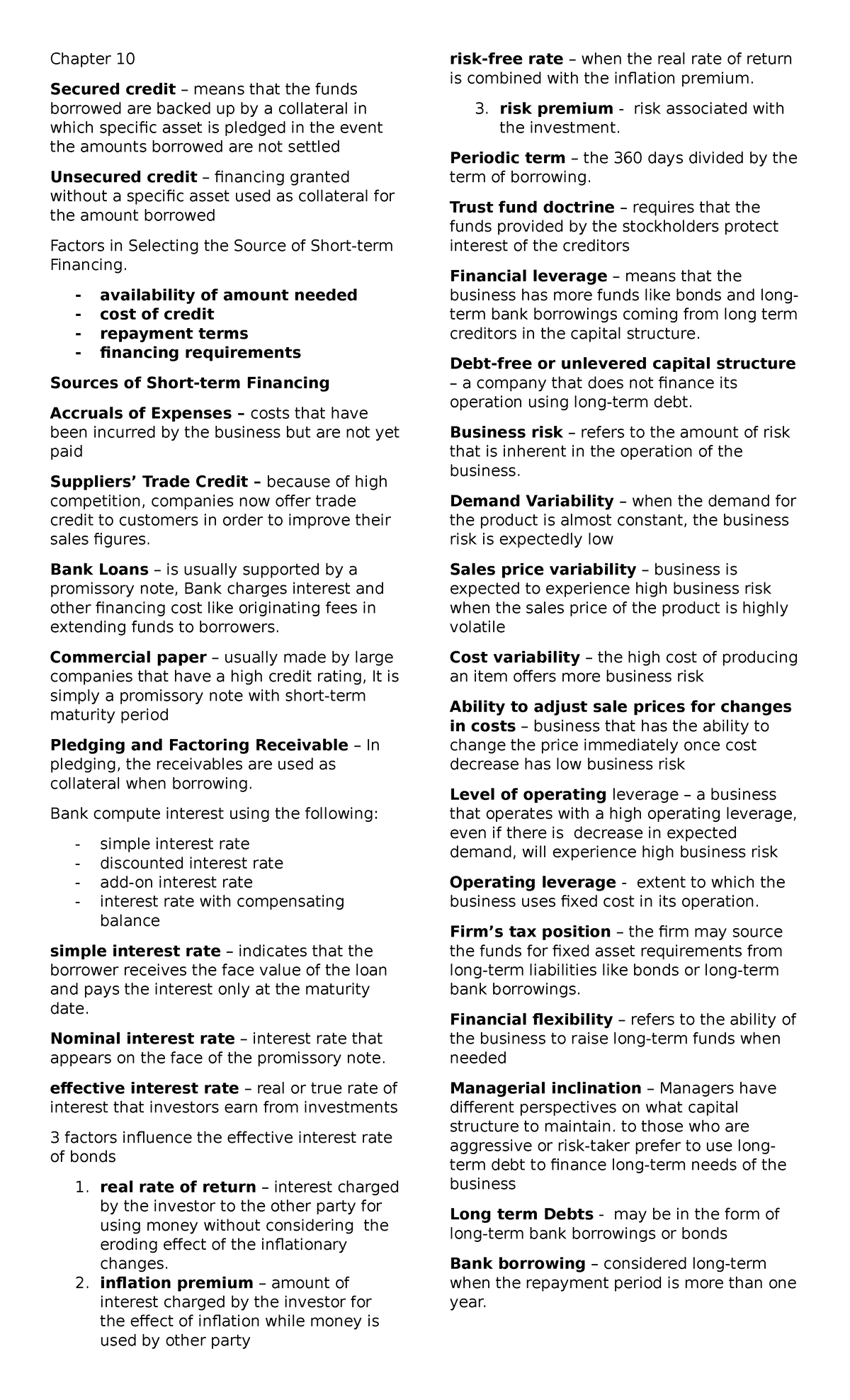 Finals-Reviewer-Finance - Chapter 10 Secured credit – means that the ...