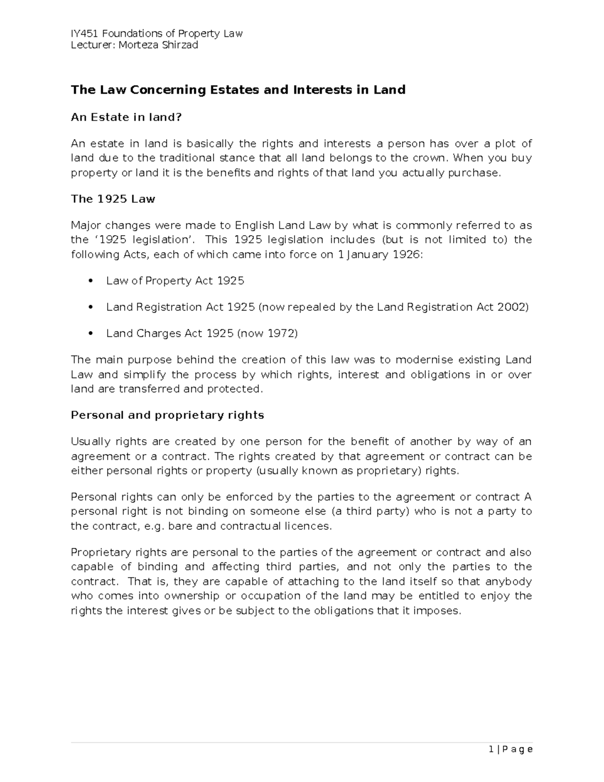 Estates and Interests in Land Notes and activities - Lecturer: Morteza ...