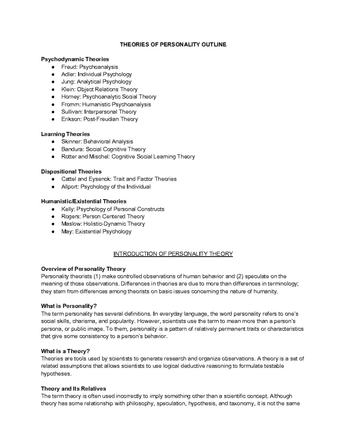 Theories OF Personality Review Notes - THEORIES OF PERSONALITY OUTLINE ...