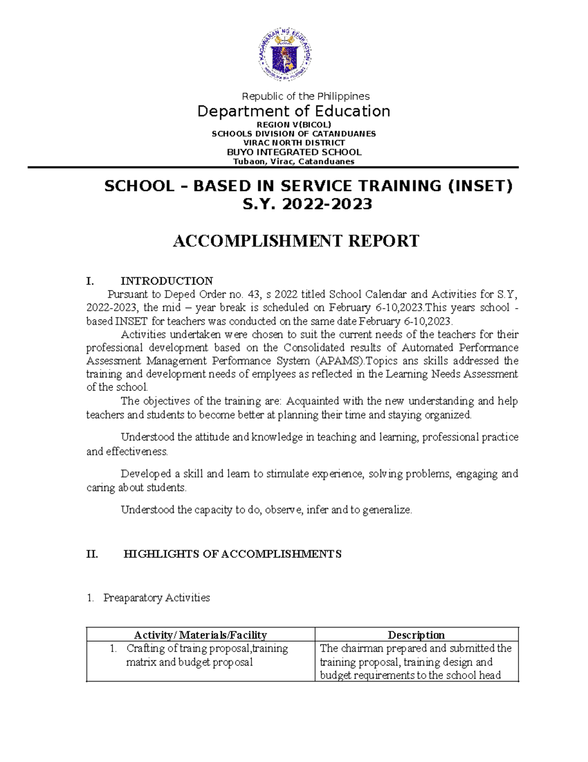 Accomplishments Inset 2023 - Republic of the Philippines Department of ...