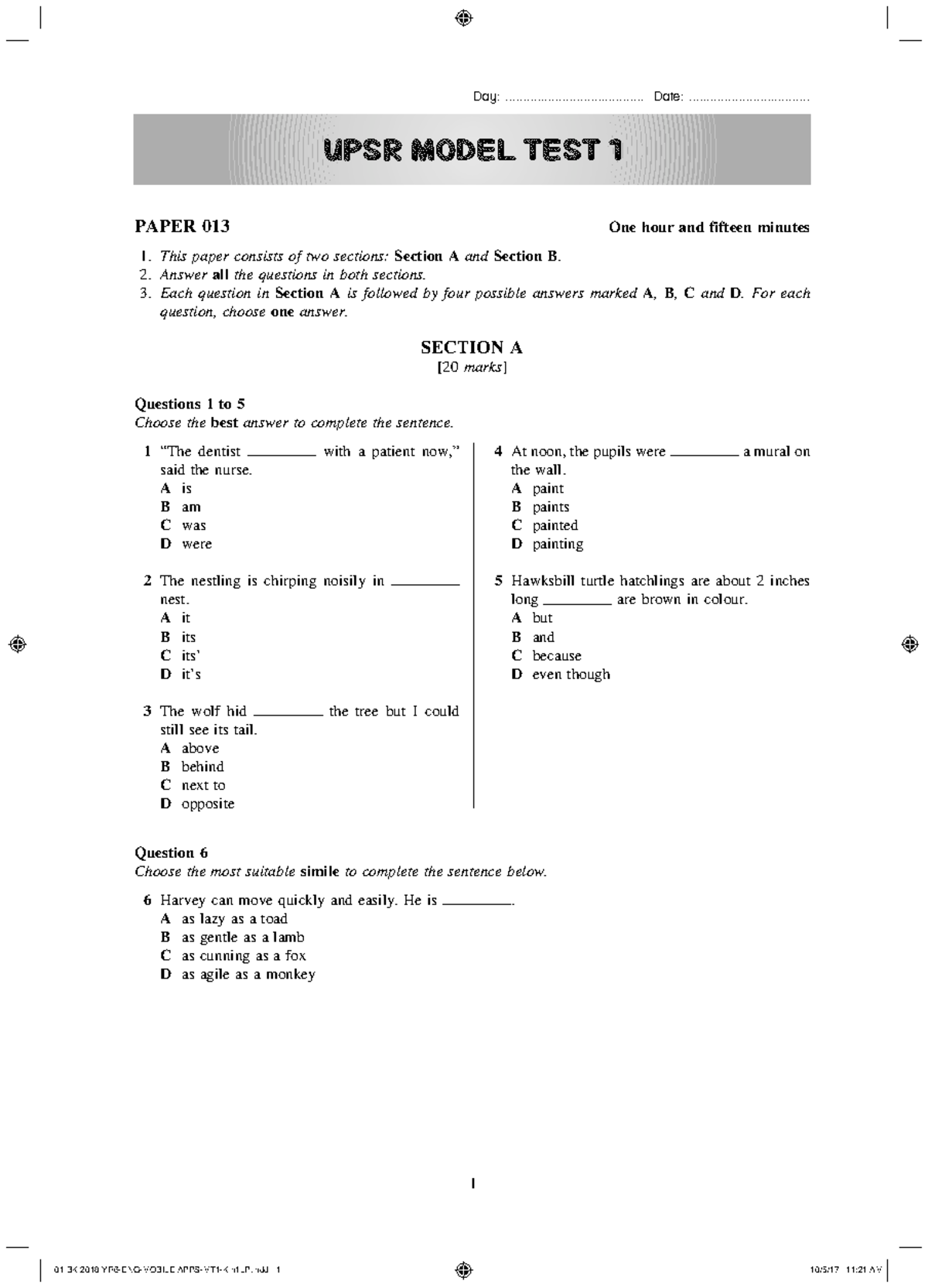 Upsr model test 1 - thank you - 1 PAPER 013 One hour and fifteen ...