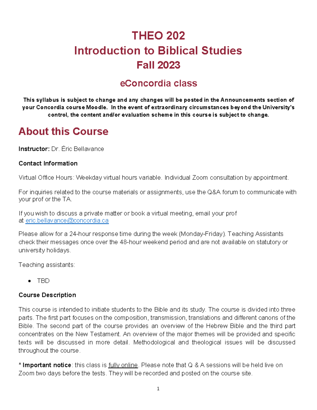 THEO 202 Course Outline Fall 23 - THEO 202 Introduction to Biblical ...