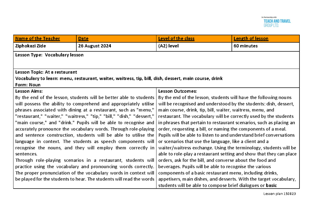 Lesson Plan Ziphokazi Zide - Name of the Teacher Date Level of the ...