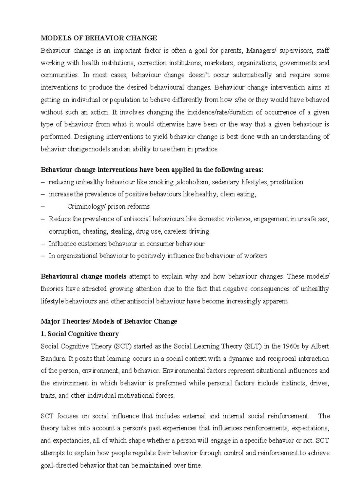 Models OF Behavior Change - MODELS OF BEHAVIOR CHANGE Behaviour change ...