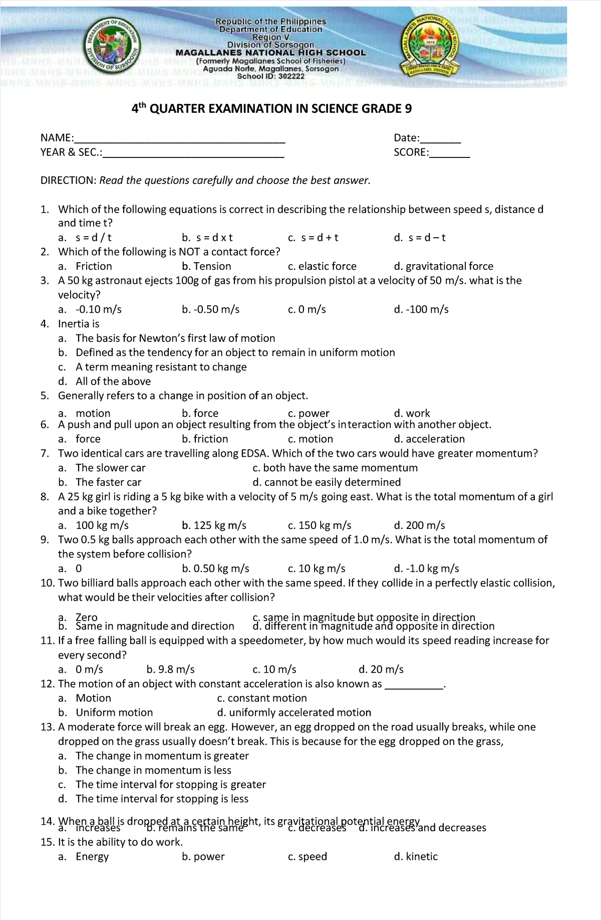 Pdf-4th-quarter-exam-in-science-9 compress - 44 thth QUARTER ...