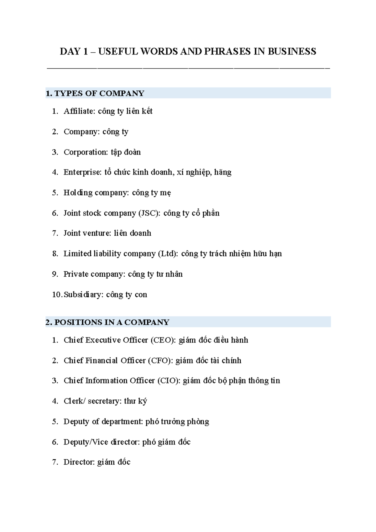 WEEK 1 – Useful Words AND Phrases IN Business - DAY 1 – USEFUL WORDS ...