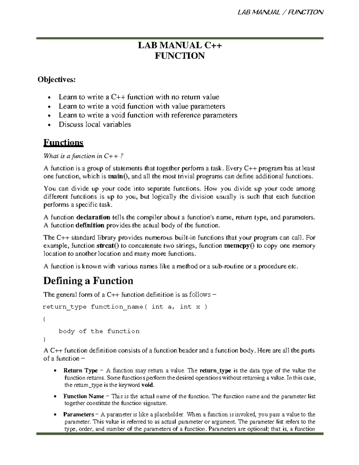 Lab Function C Lab Manual Function Lab Manual C Function Objectives • Learn To Write 