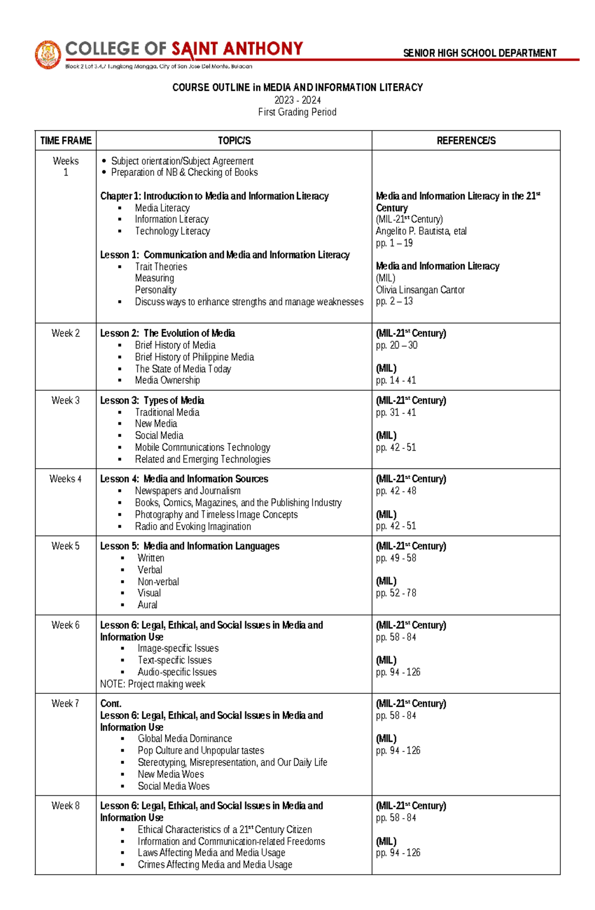 COO MIL 12 1Q 1Sem '23-'24 - COURSE OUTLINE in MEDIA AND INFORMATION ...